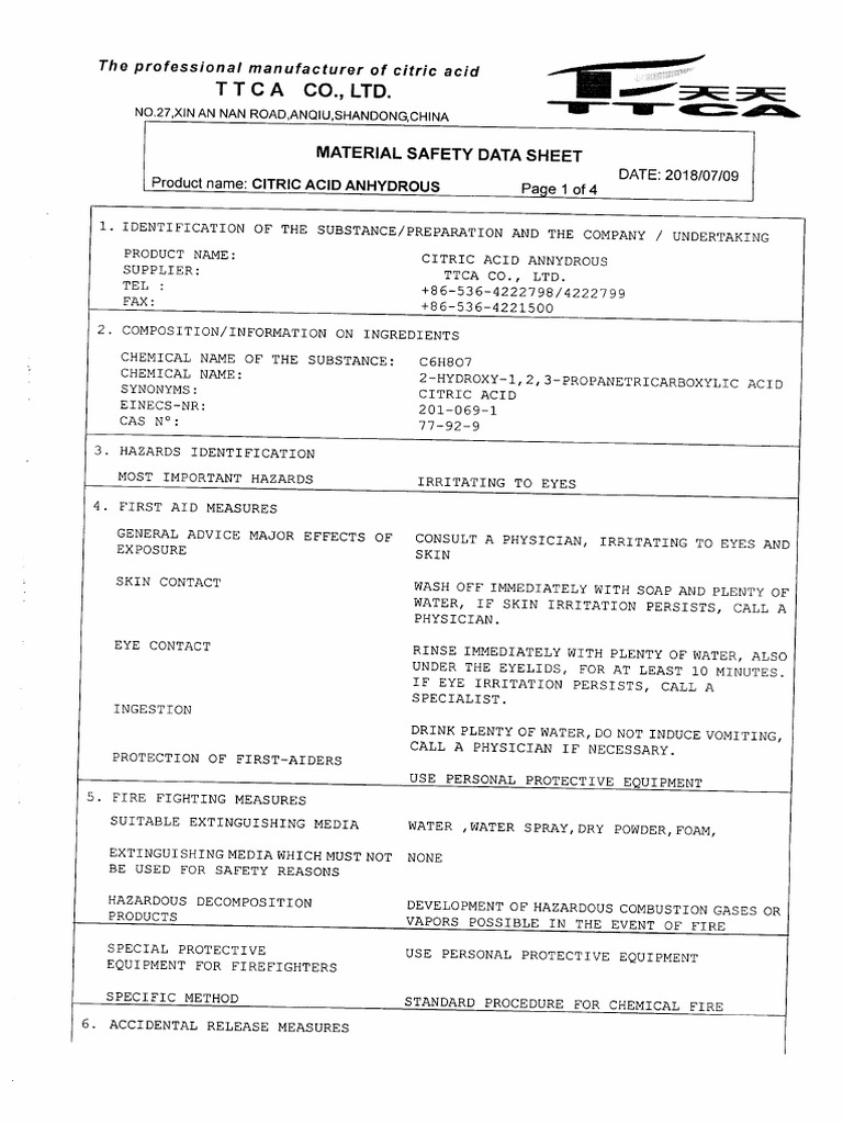 Msds 07 09 18 Citric Acid Pdf