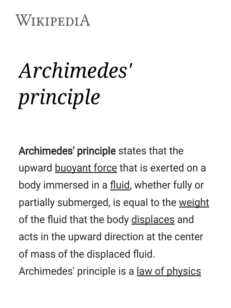 Archimedes' Principle - Wikipedia | PDF | Buoyancy | Force
