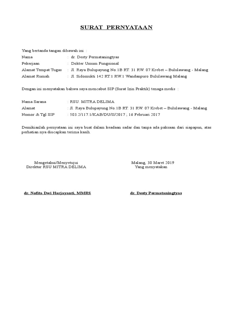 Surat Pernyataan Pencabutan SIP | PDF