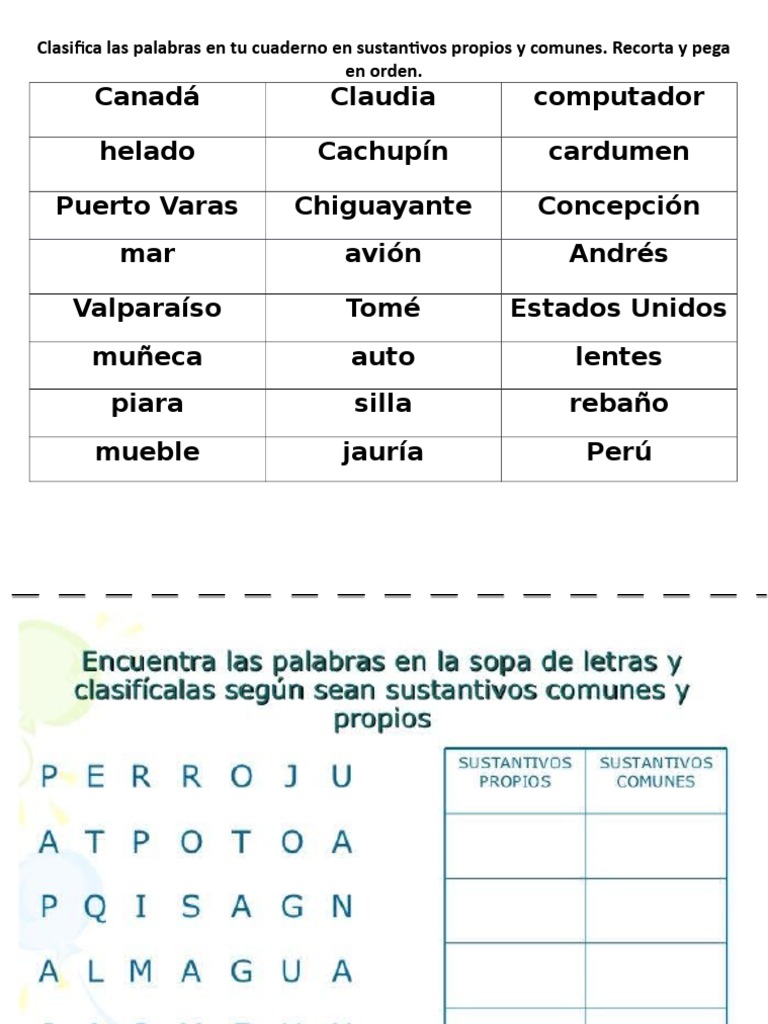 Sopa de letras: sustantivos propios y comunes | PDF