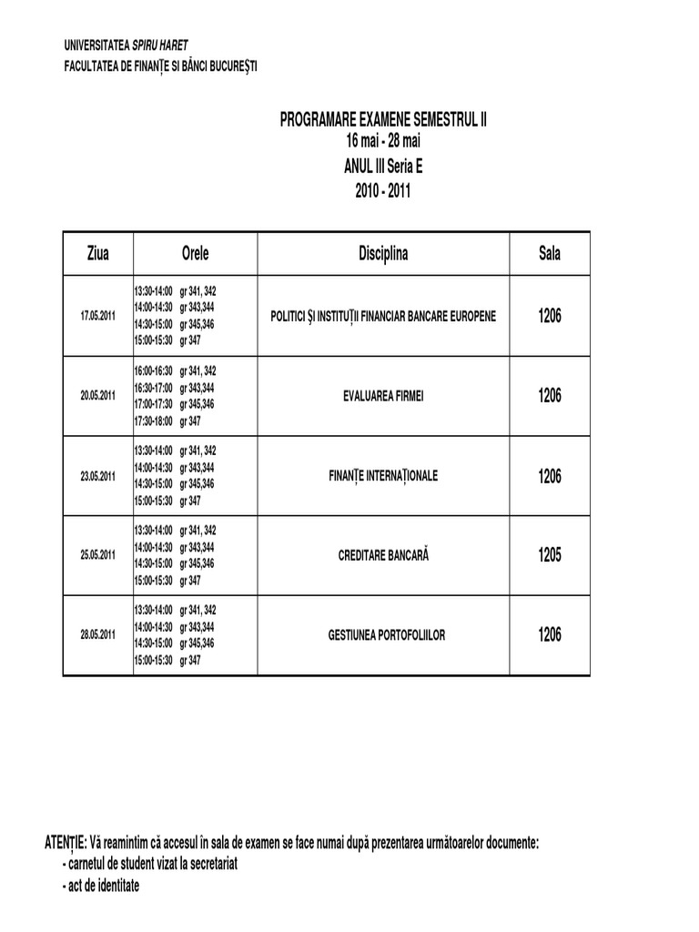 Programul Examenelor | PDF