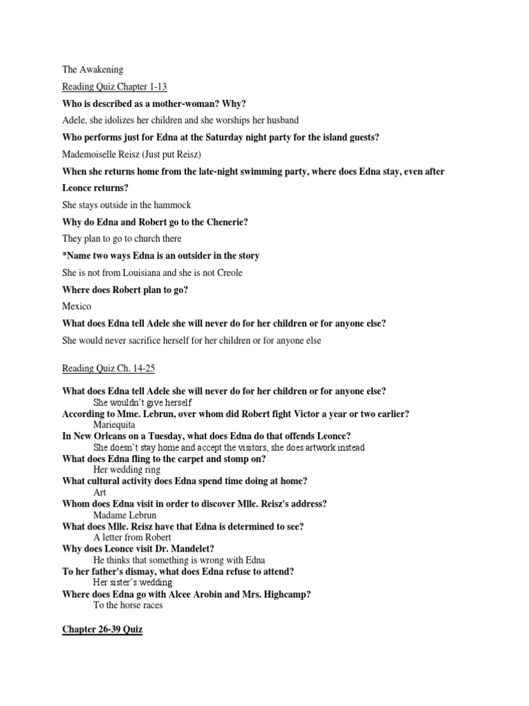 The Awakening Quiz Questions and Answers | PDF | The Awakening (Chopin ...