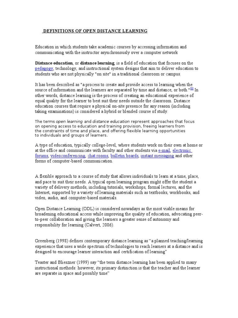 Definitions of Open Distance Learning | PDF | Distance Education ...