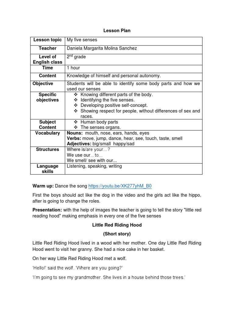 Lesson Plan | PDF | Senses | Little Red Riding Hood