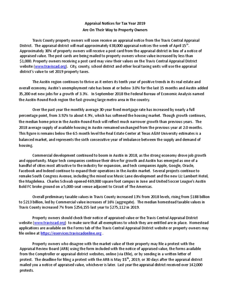 Appraisal Notices For Tax Year 2019 | PDF | Real Estate Appraisal ...