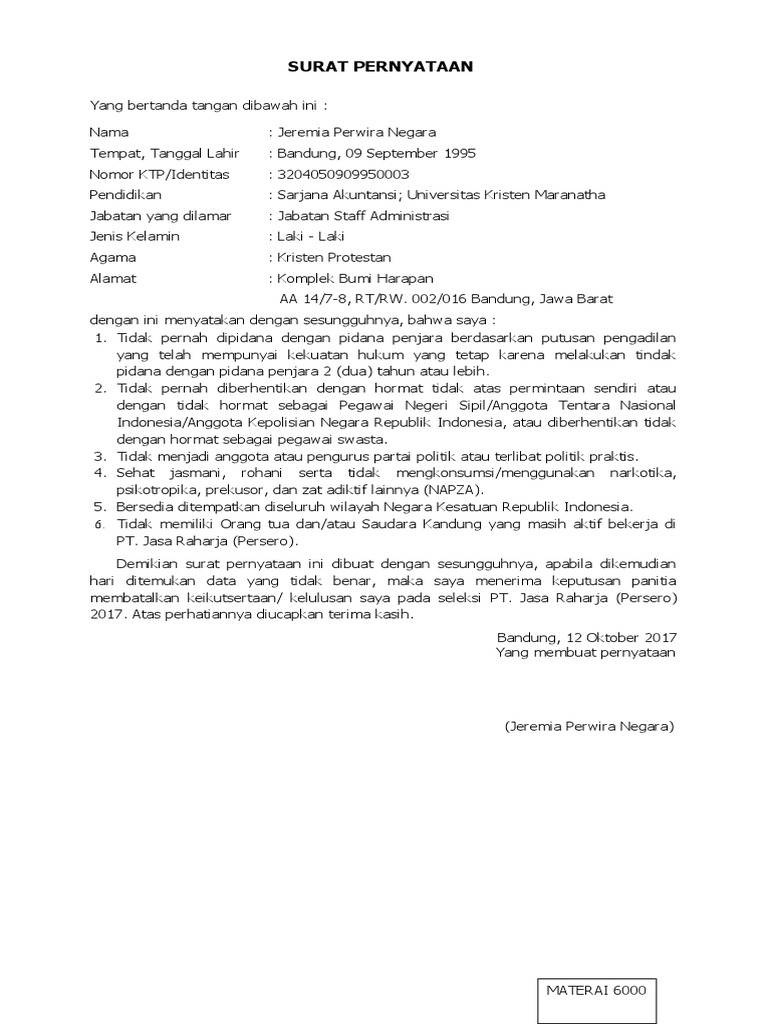 Contoh Surat Pernyataan | PDF