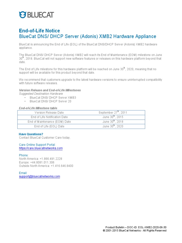 Bluecat DNS/ DHCP Server (Adonis) Xmb2 Hardware Appliance: End-Of-Life ...