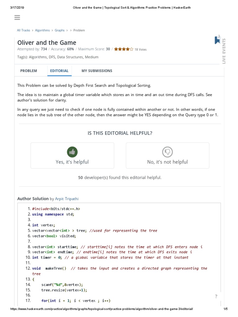 Oliver and The Game - Topological Sort & Algorithms Practice Problems - HackerEarth | PDF ...