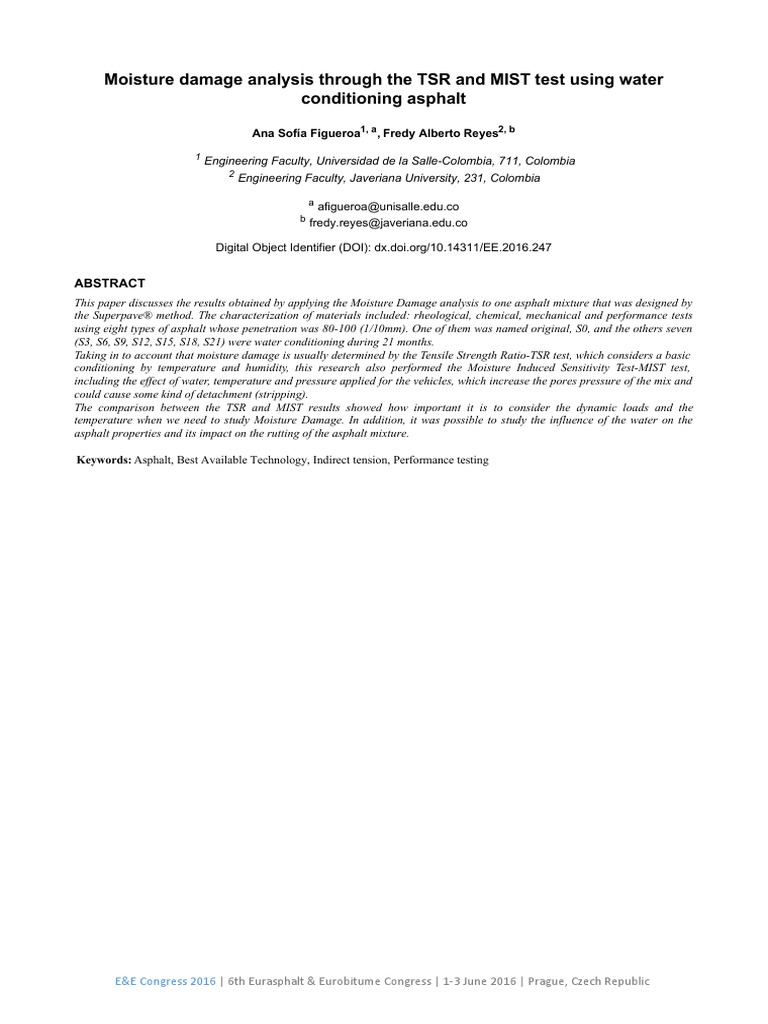 Moisture Damage Analysis Through The TSR and MIST Test Using Water ...