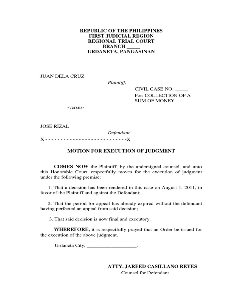 Motion for Execution of Judgment: Juan dela Cruz v. Jose Rizal | PDF ...