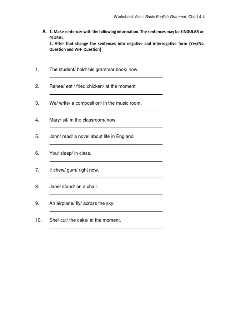 Worksheet: Azar: Basic English Grammar, Chart 4-4 | PDF | English ...