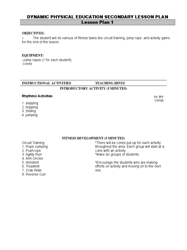 Dynamic Physical Education Secondary Lesson Plan Lesson Plan 1 | PDF ...