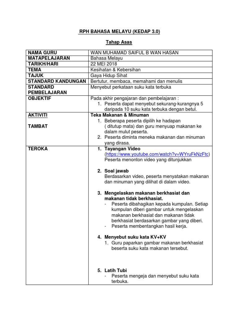 Contoh RPH Bahasa Melayu | PDF