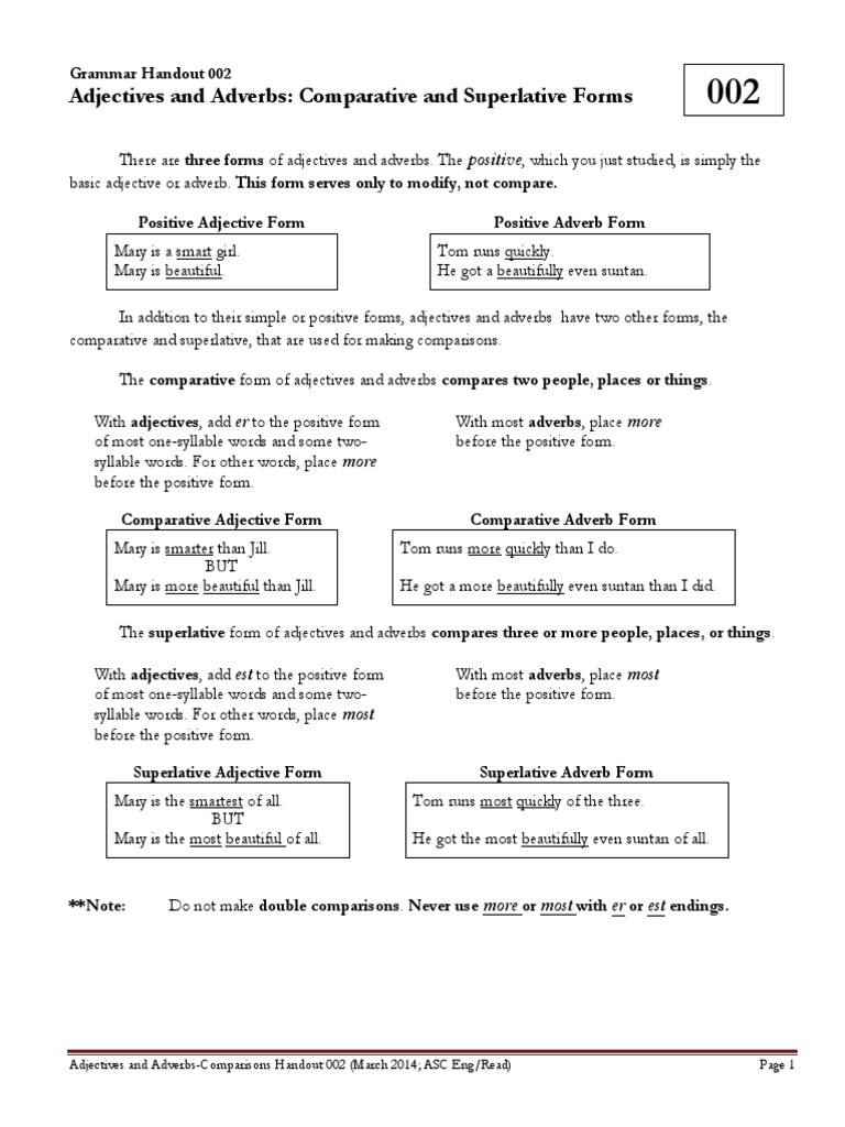 Adjectives and Adverbs Comparative and Superlative Forms | PDF | Adverb ...