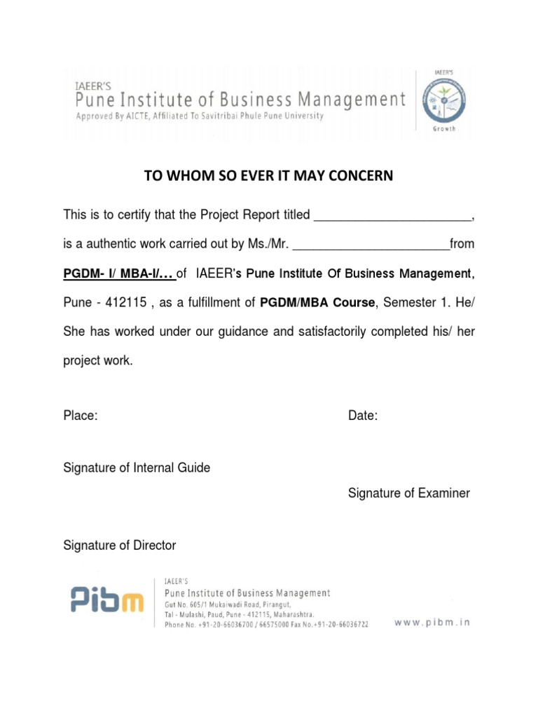 Project Certificate Format for PGDM/MBA | PDF