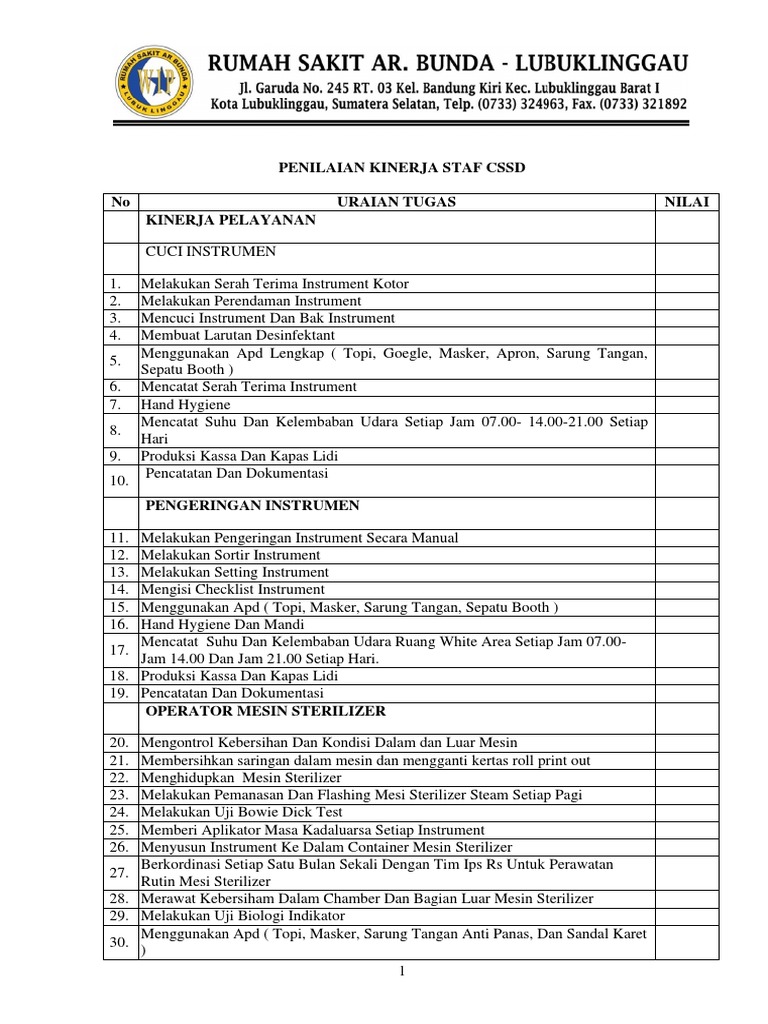 Formulir Penilaian Kinerja Staff CSSD | PDF