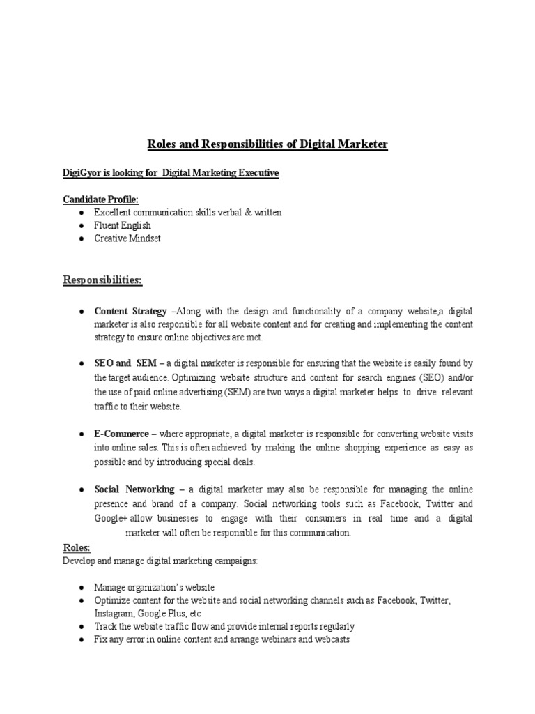 Roles and Responsibilities of Digital Marketer Digigyor | PDF
