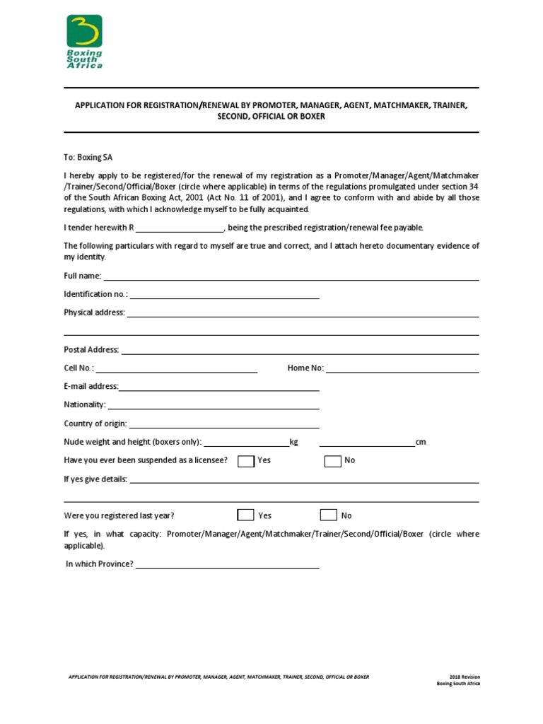 Application for Registration or Renewal as a Boxing Licensee | PDF ...