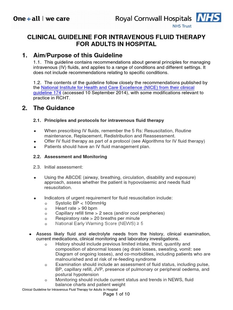 Intravenous Fluid Therapy For Adults in Hospital Clinical Guideline ...