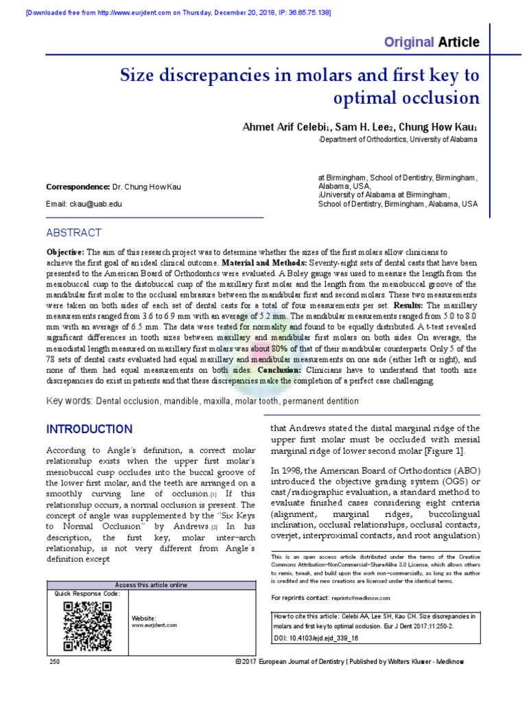 Size Discrepancies in Molars and First Key To Optimal Occlusion | PDF ...