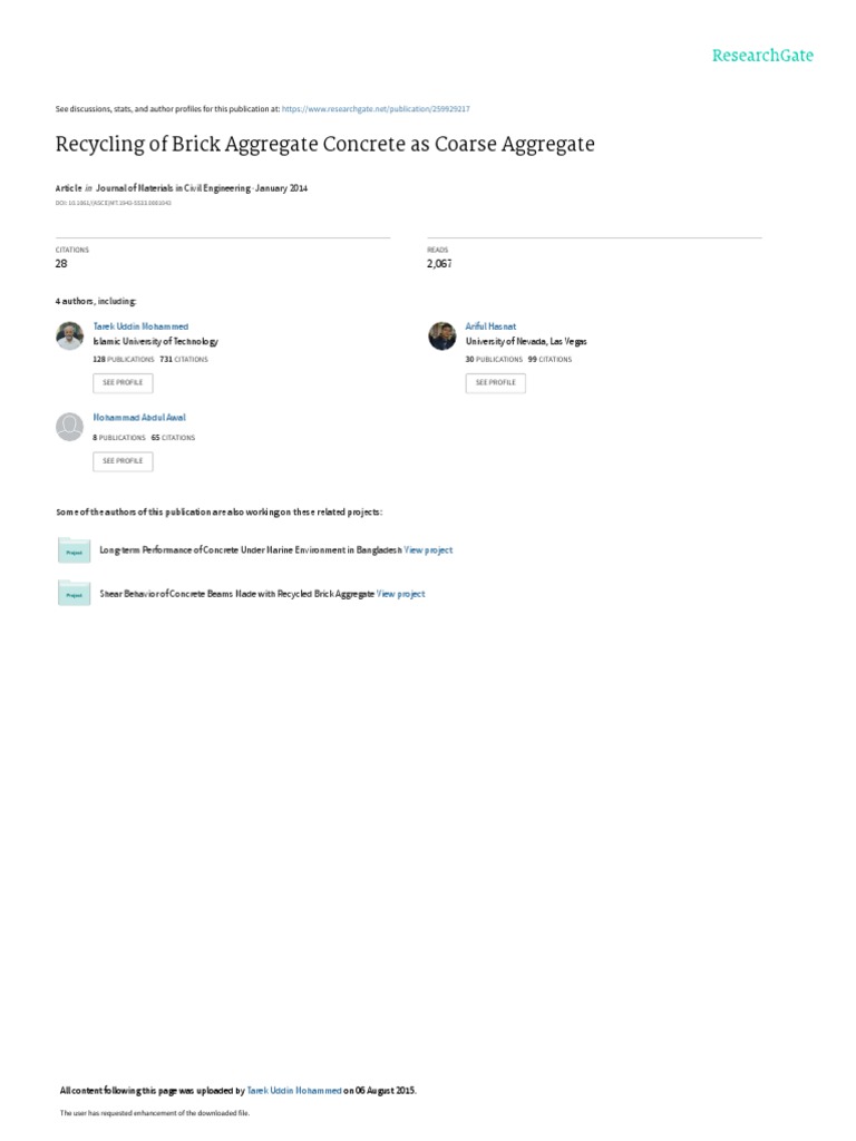 Recycling of Brick Aggregate Concrete As Coarse Aggregate: Journal of ...