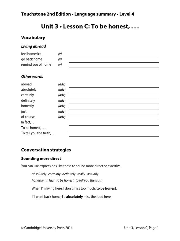 Unit 3 - Lesson C: To Be Honest, - . .: Touchstone 2nd Edition - Language Summary - Level 4 | PDF