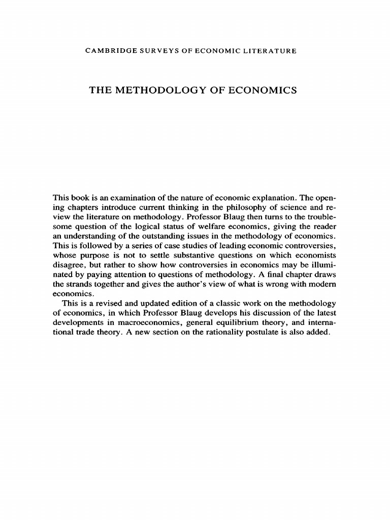 Mark Blaug The Methodology of Economics Or, How Economists Explain ...