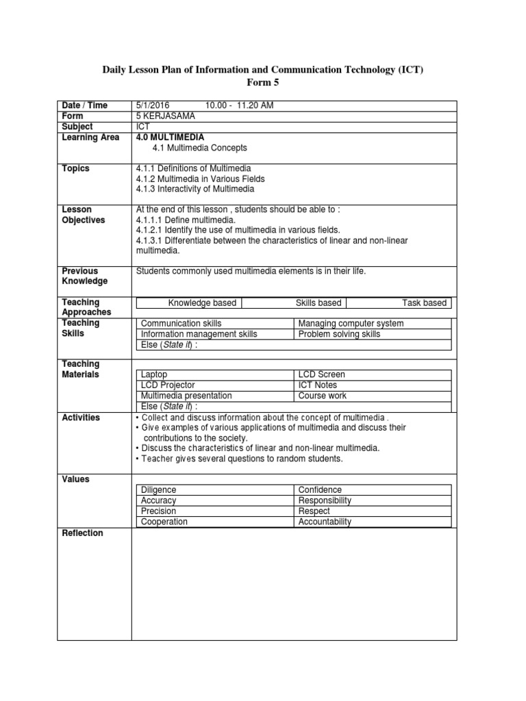Daily Lesson Plan of Information and Communication Technology (ICT ...