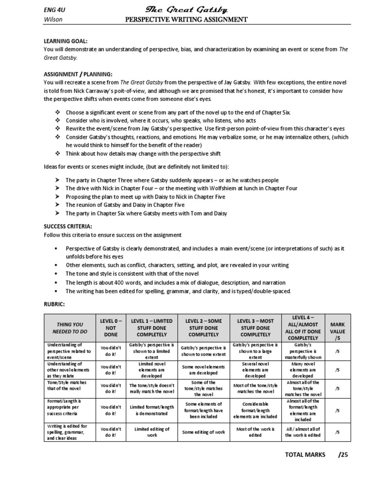 ENG 4U Gatsby Perspective Writing Assignment | PDF | The Great Gatsby ...