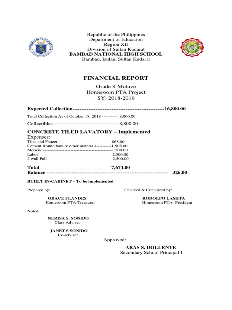 Financial Report on the Grade 8-Molave Homeroom PTA Project for School ...