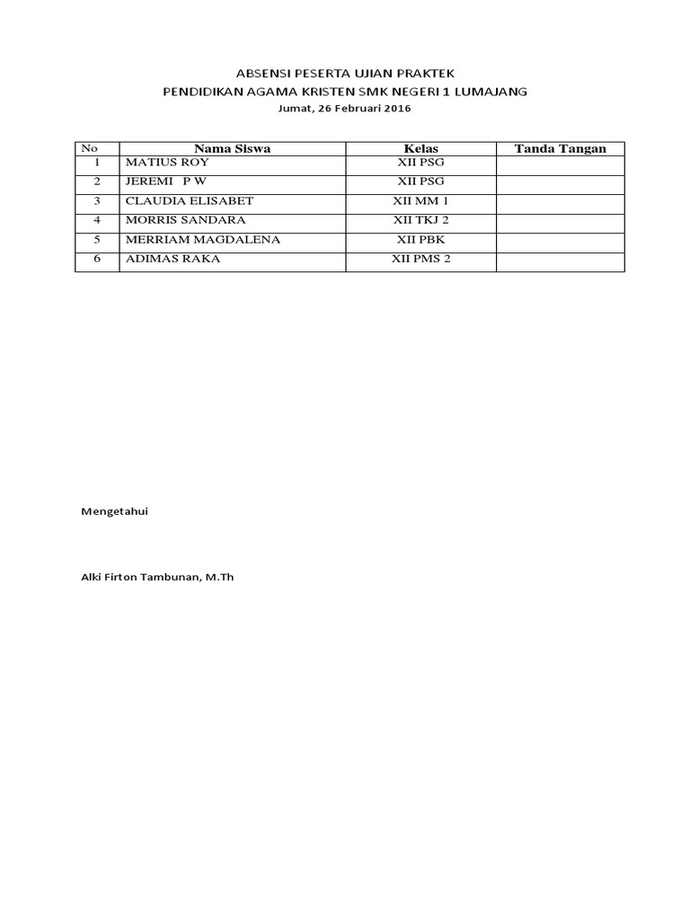 Absensi Peserta Ujian Praktek Pendidikan Agama Kristen | PDF