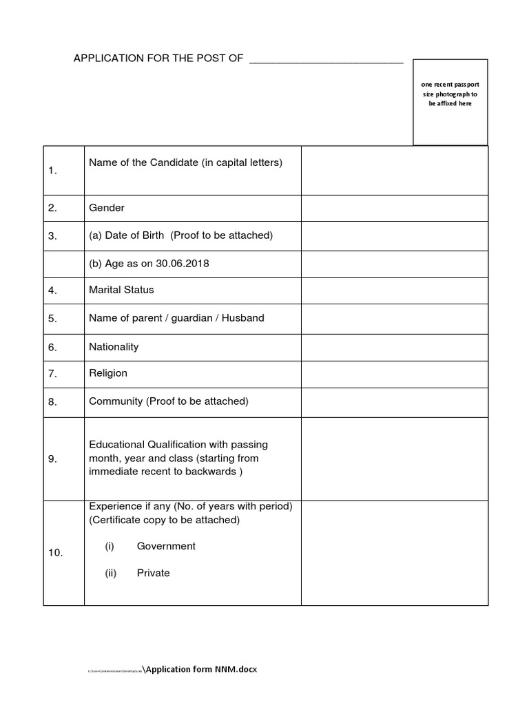 application Form NNM - Docx: One Recent Passport Size Photograph To Be ...