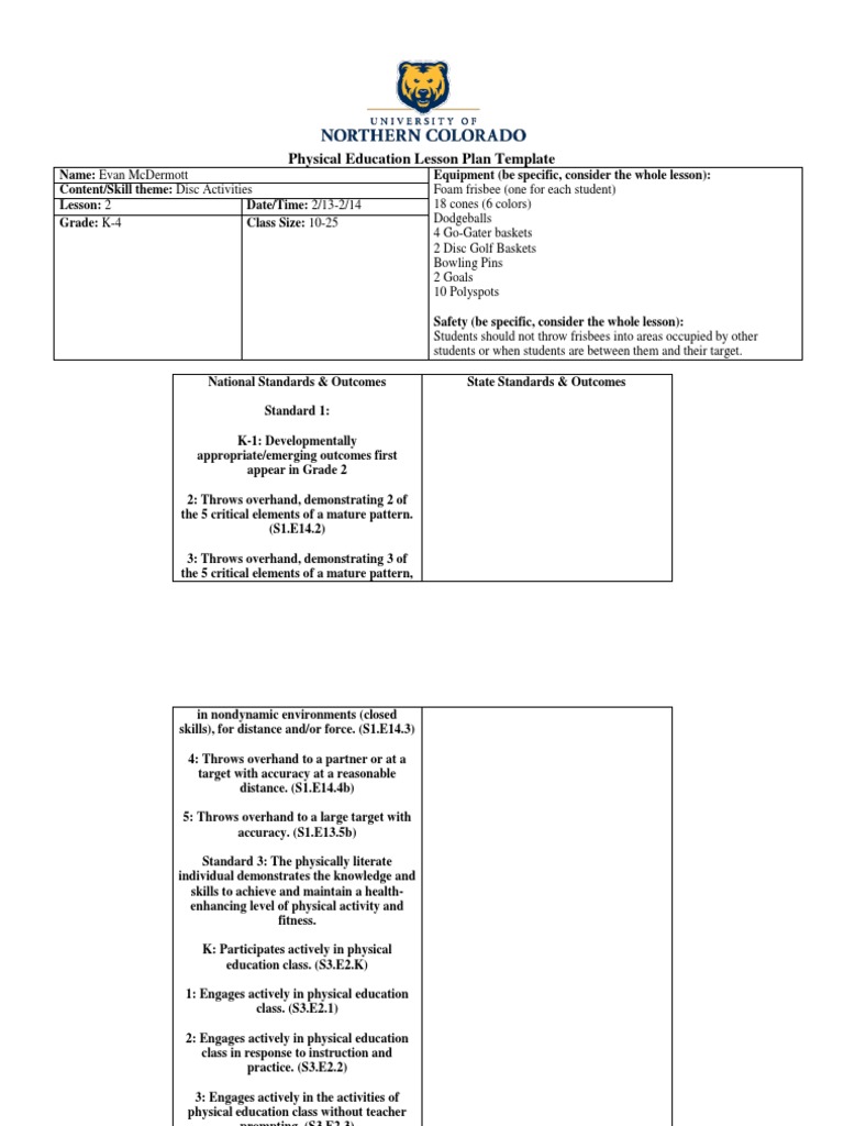 Physical Education Lesson Plan Template | PDF | Physical Education ...