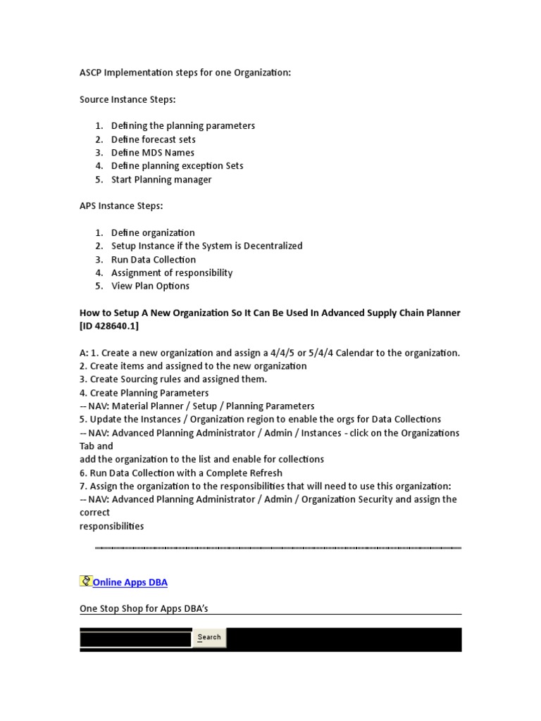 ASCP Implementation Steps For One Organization | PDF | Oracle Database | Database Transaction