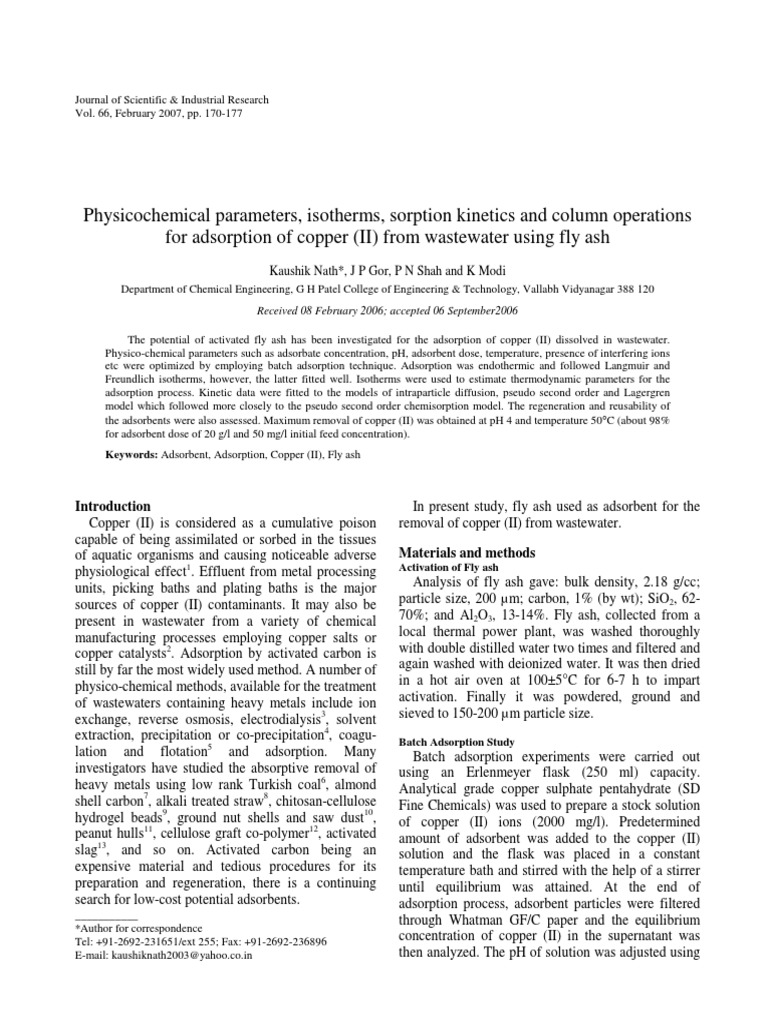Jsir 66 (2) (2007) 170-177 | PDF | Adsorption | Ph