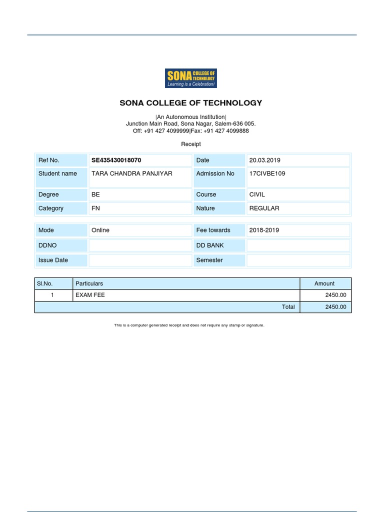 Sona College Civil Engineering Fee Receipt | PDF