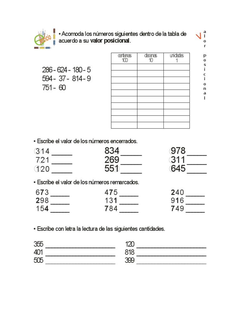 Hojas De Trabajo Sobre El Ordenamiento De Números Y El Valor Posicional