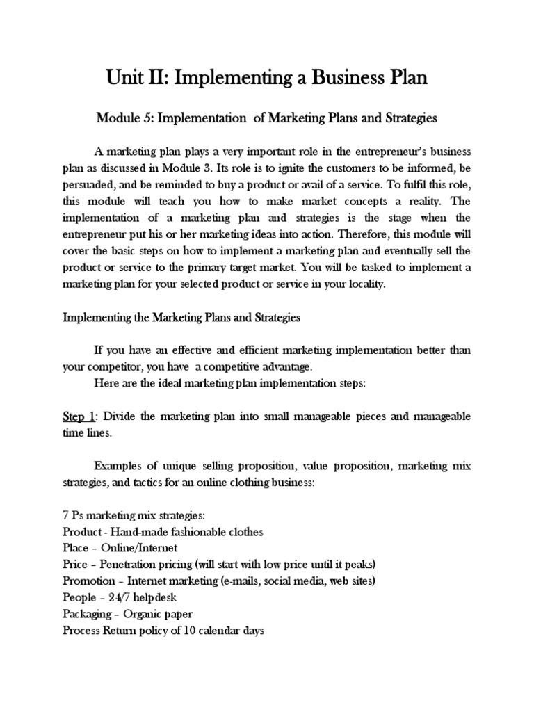 Unit II: Implementing A Business Plan: Module 5: Implementation of ...