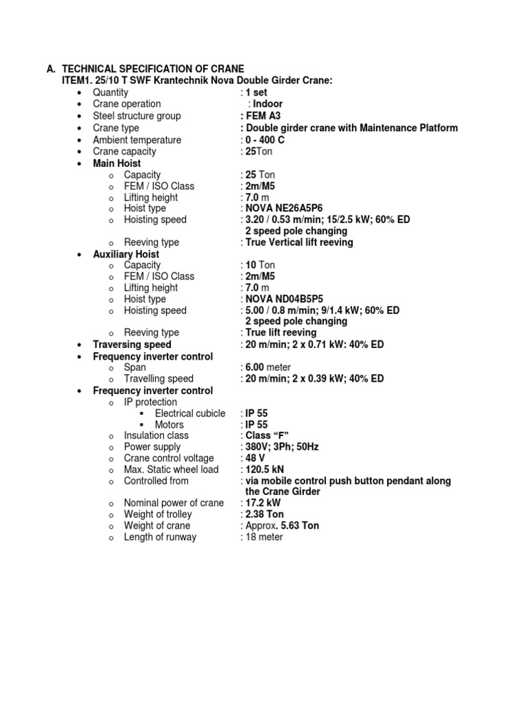 Technical Specification of Crane | PDF | Electric Motor | Crane (Machine)