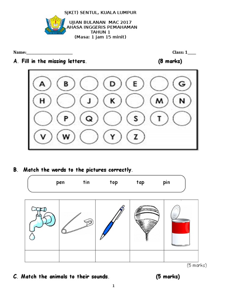 Monthly English Comprehension Test for Year 1 Students at SJK(T) Sentul ...