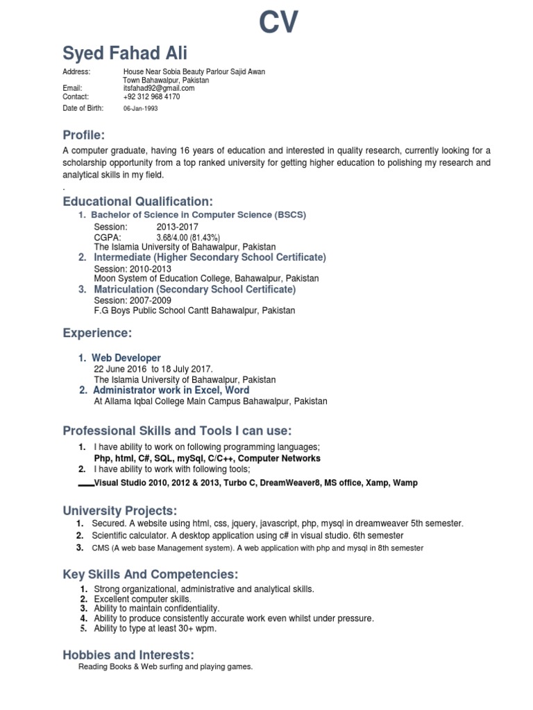 Syed Fahad Ali's CV and Scholarship Goals | PDF | Career & Growth