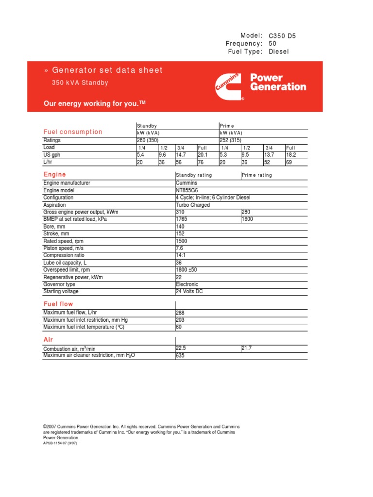 Cummins C350D5 Diesel Generator Data Sheet | PDF | Diesel Engine | Engines