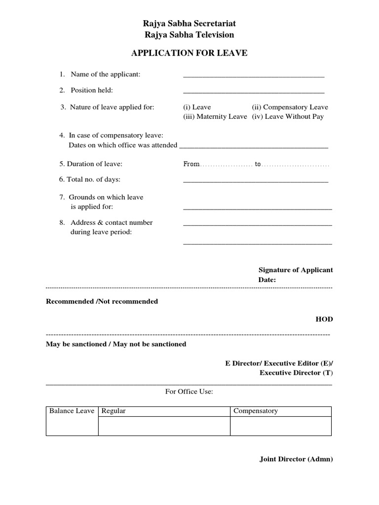 Rajya Sabha Secretariat Rajya Sabha Television Application For Leave ...