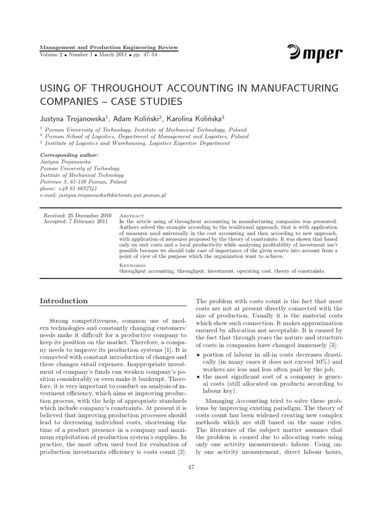 Evaluating Production Investment Efficiency Using Throughput Accounting: A Case Study Comparison ...