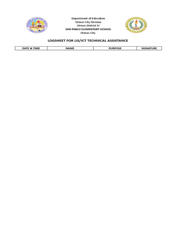 Logsheet For Lis/Ict Technical Assistance: San Pablo Elementary School ...
