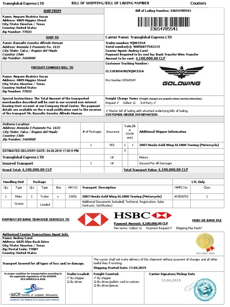 Bill of Shipping Lading Number 33654785541 PDF | PDF | Cargo | Services ...