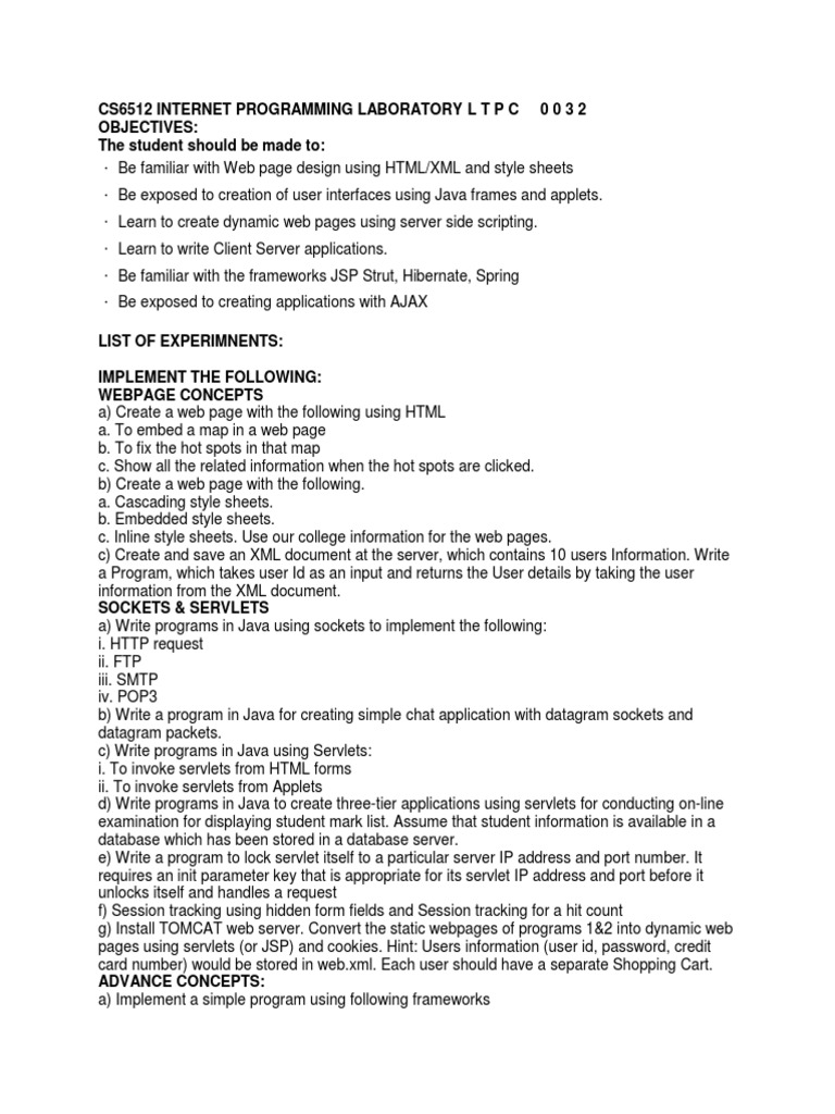 Cs6512 Internet Programming Laboratory L T P C0 0 3 2 Pdf Java Servlet Web Page