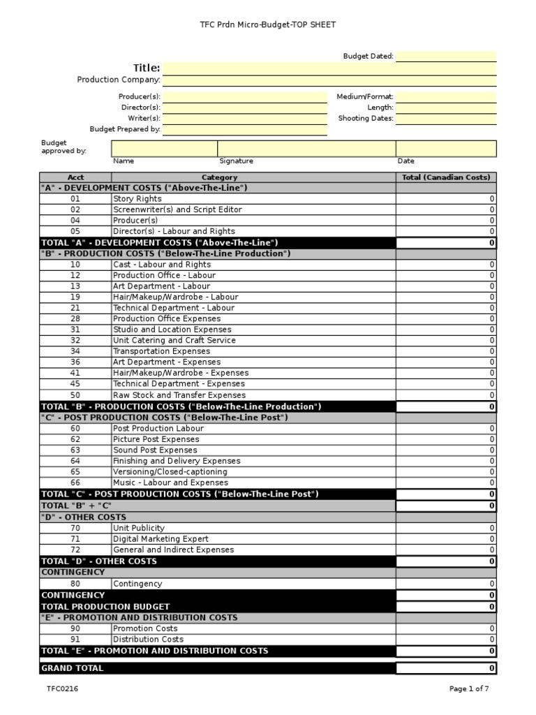 Standard Production Budget Template Micro Budget | PDF | Leisure | Business
