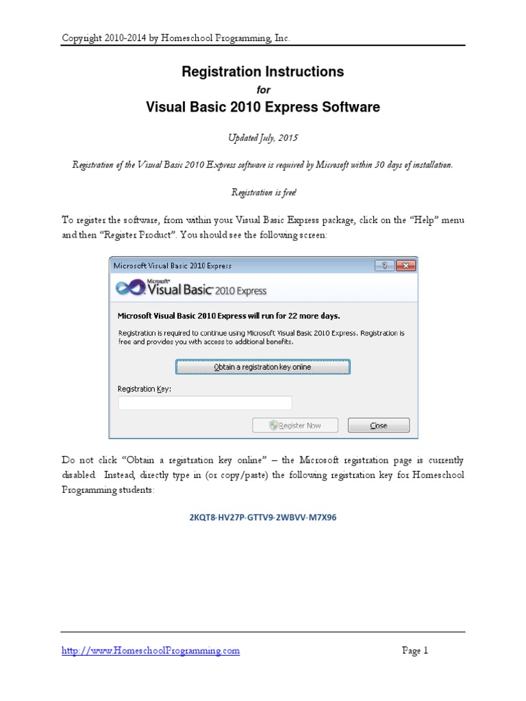 Visual Basic 2010 Registration Instructions | PDF