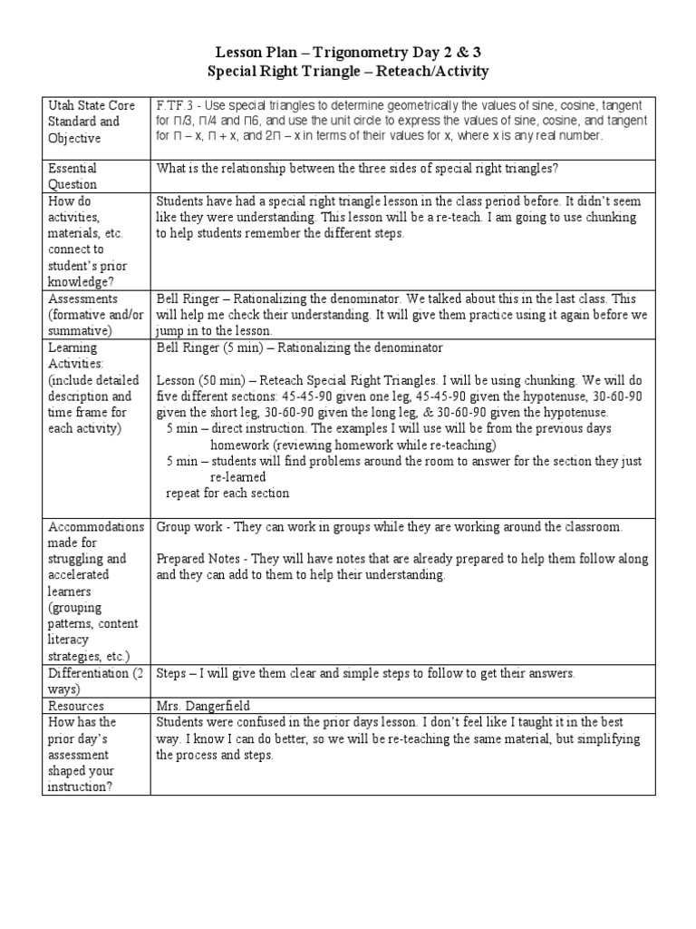Lesson Plan - Special Right Triangles Reteach | PDF | Trigonometric ...